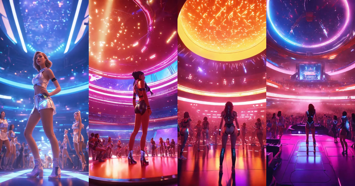 Lexica - A concert plays at a futuristic arena at a spaceport, the ...