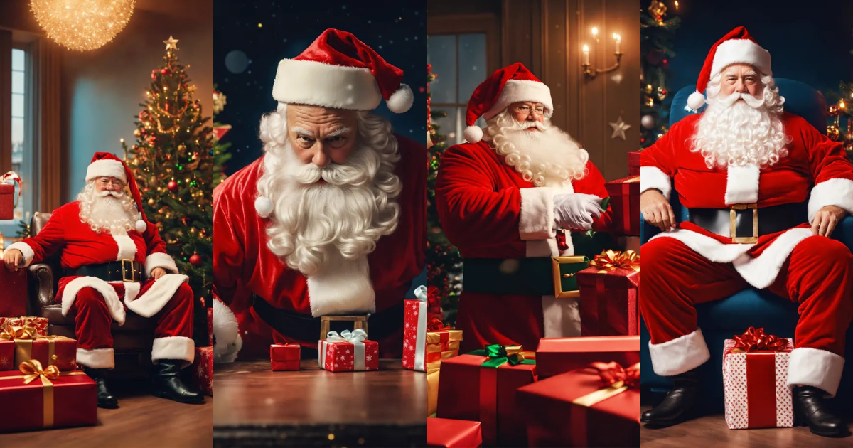 Lexica - Surreal sharp Santa Claus during Christmas.8k with presents gift