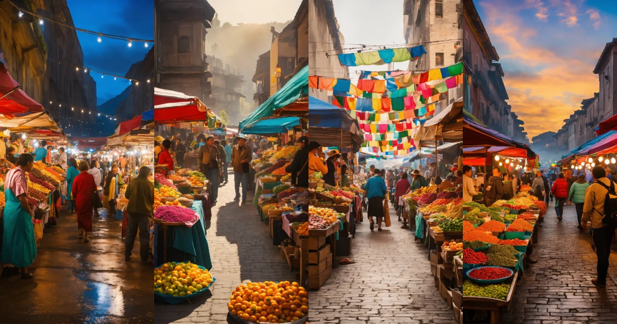 Lexica - A lively street market with colorful stalls, vendors, and ...