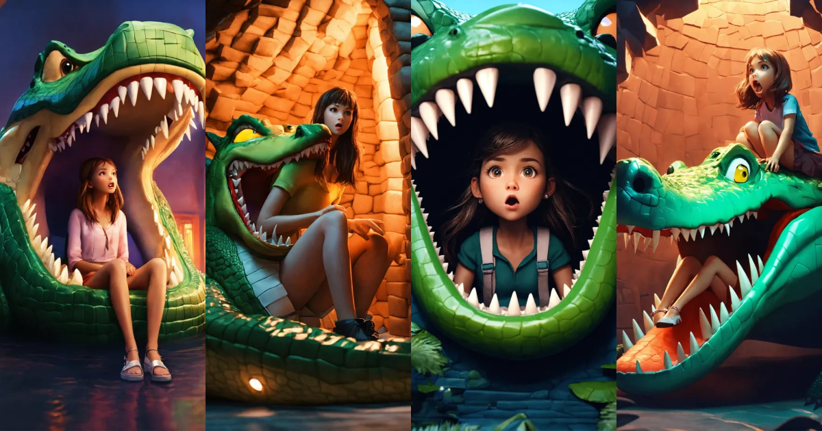 Lexica - Scared girl sitting deep entirely inside crocodile's open huge ...