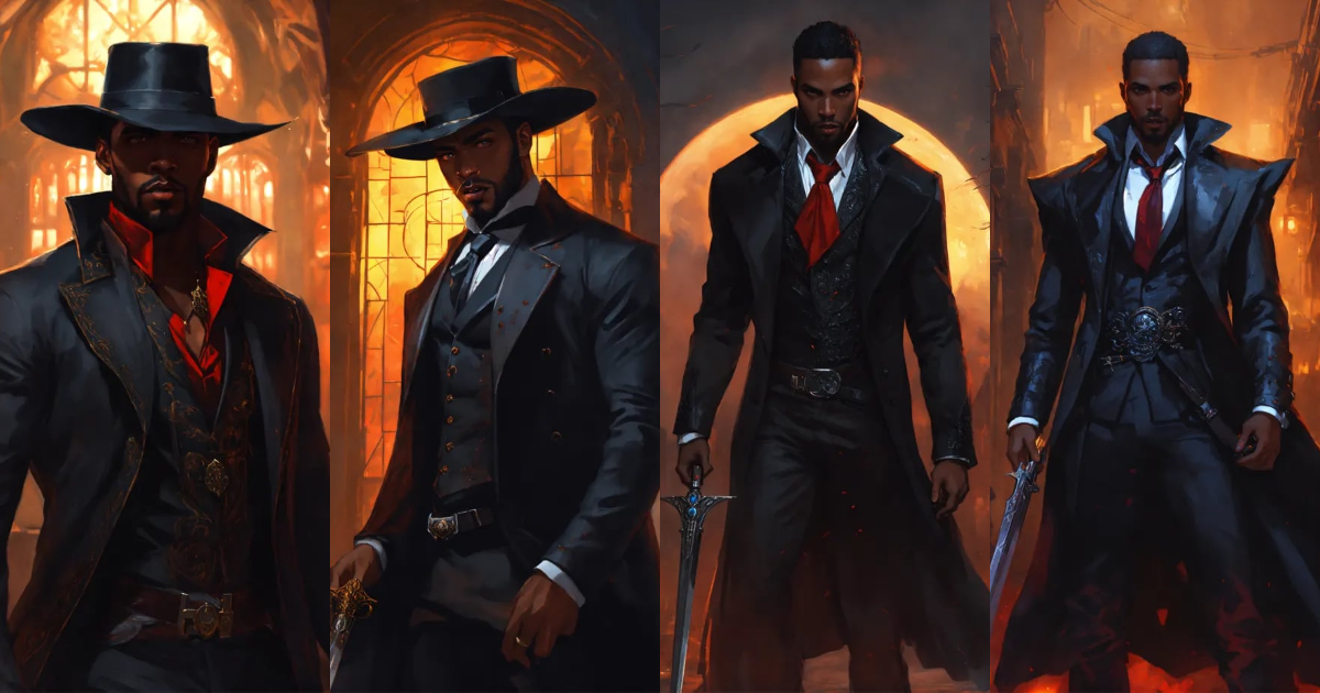 Lexica - Handsome Black Man vampire hunter in a black suit, and his ...
