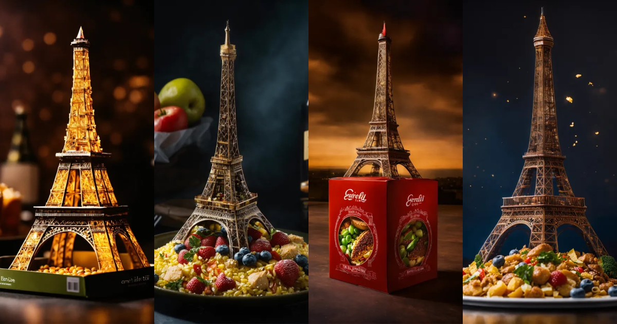 Lexica - The effeil tower in food packaging, epic shot, dark background