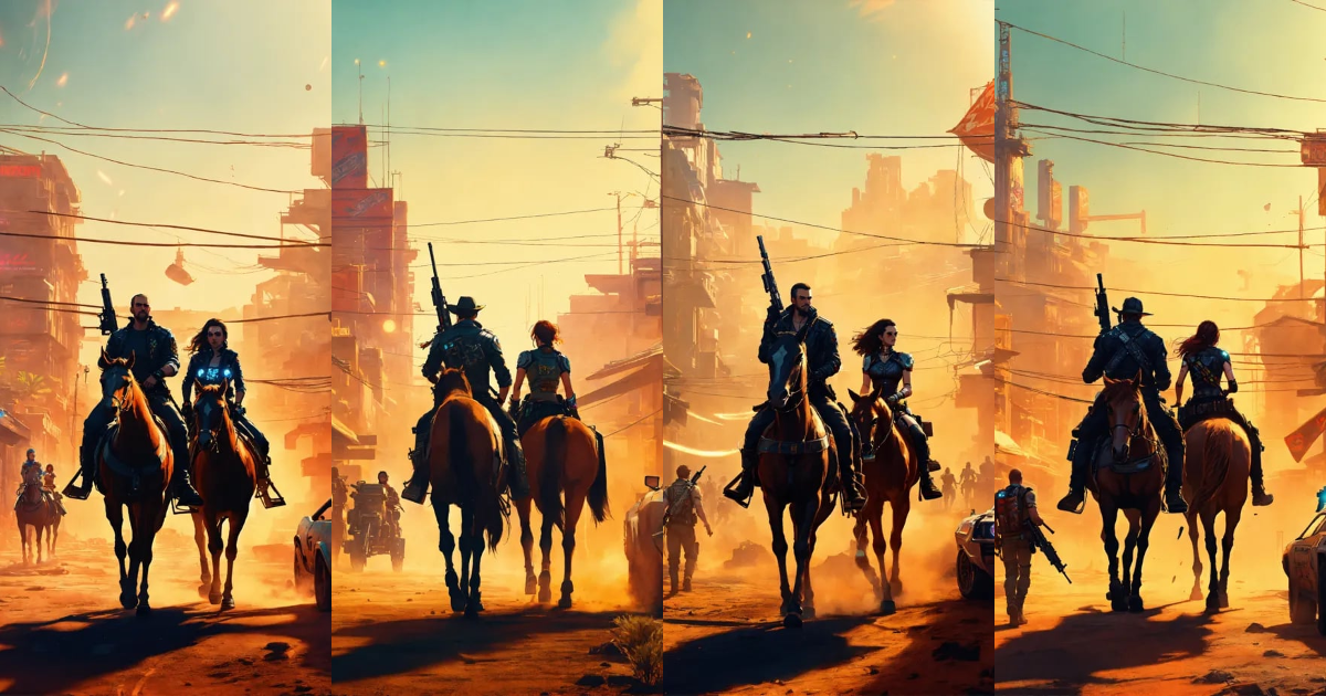 Lexica - Two outlaws, a man and woman, ride on horseback through the ...