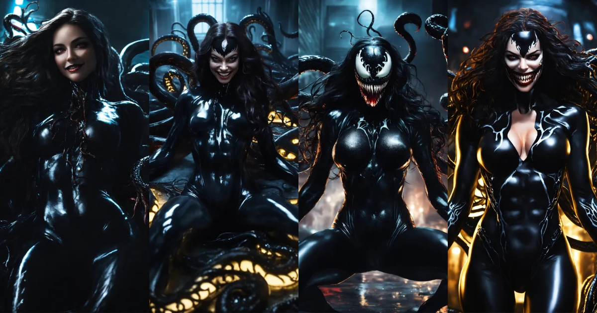 Lexica - An ultrarealistic full body photograph of woman venom symbiote, laying in dark black ...