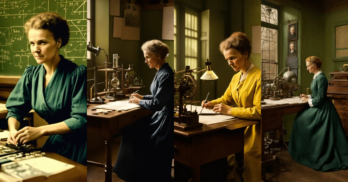 Lexica - Créez une image réaliste de Marie Curie dans son bureau de ...