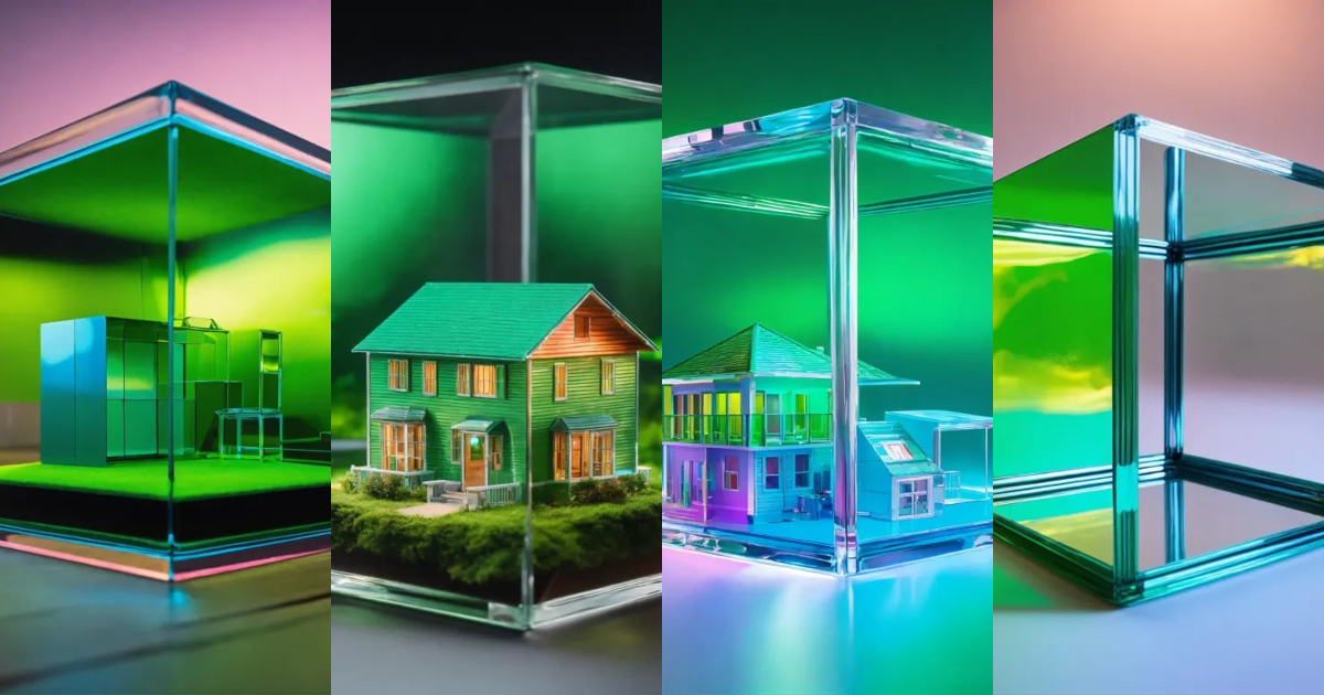 Lexica - Cube, 4k, small house inside cube!, clear glass, iridescent ...