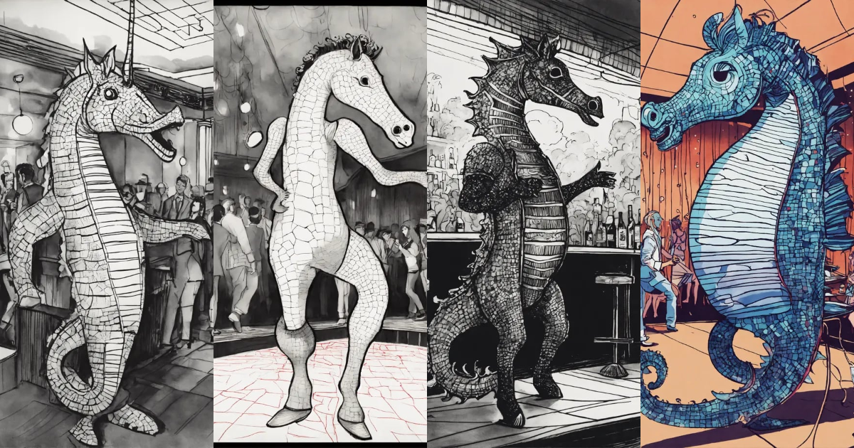 Lexica - An ink drawing of an anthropomorphic sea horse at a dance club