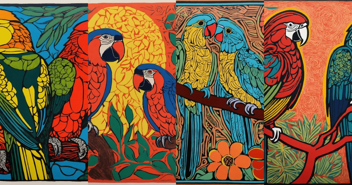 Lexica - Linocut, parrots, drawing abstract art, style inspired by Paul ...
