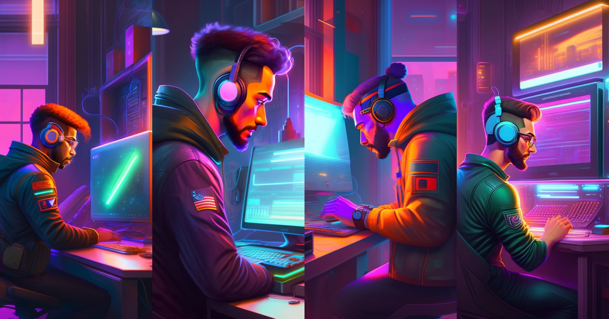 Lexica - A vibrant artstation illustration of a tech savy man typing ...