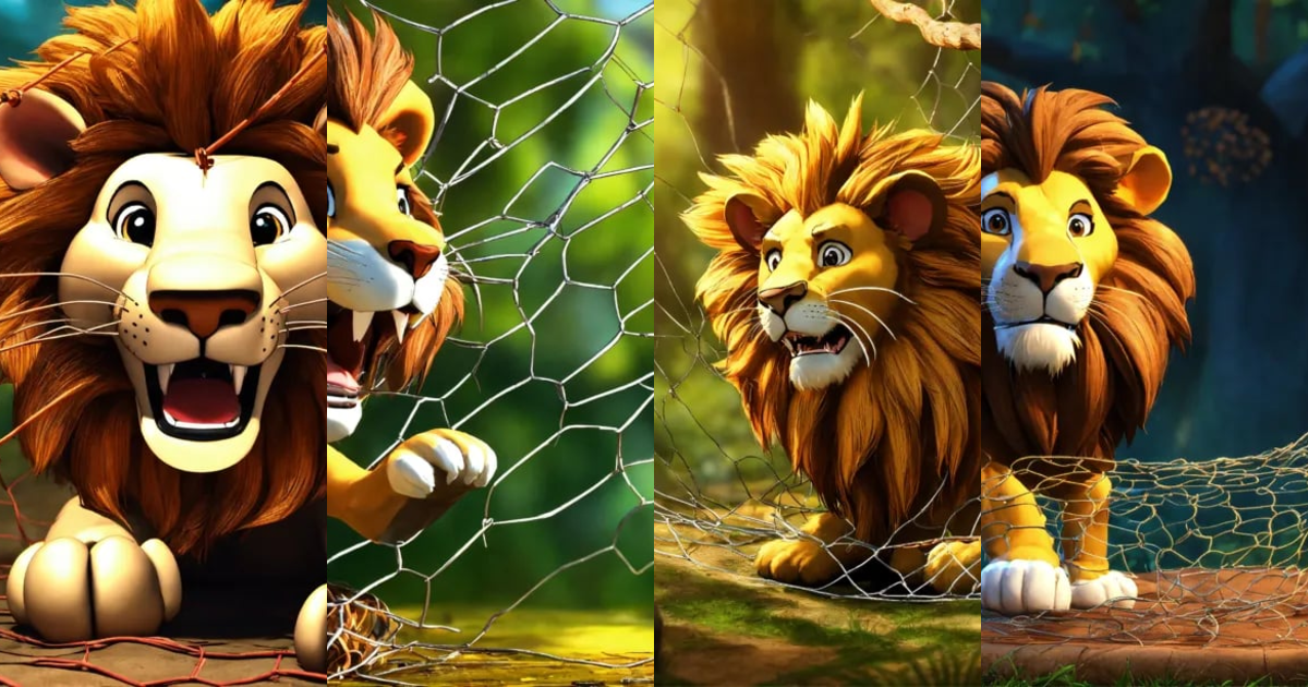 Lexica - Cartoon 3d big lion was captured and trapped in a net and ...