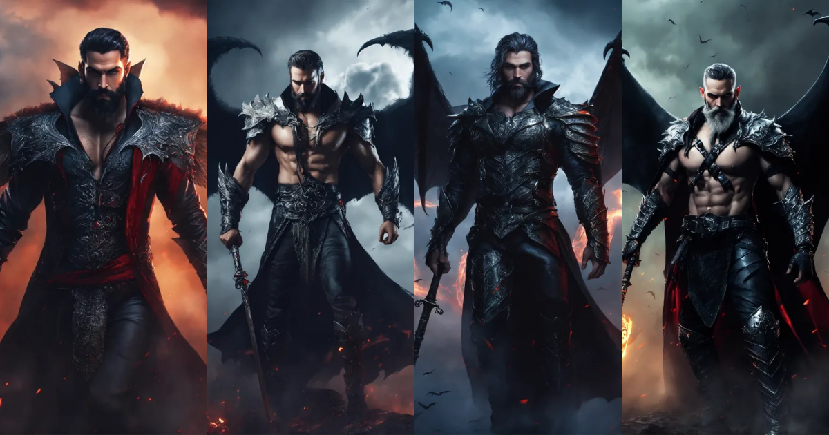 Lexica - Full body strong muscular evil vampire man with beard entangled in a dark mist spiral ...