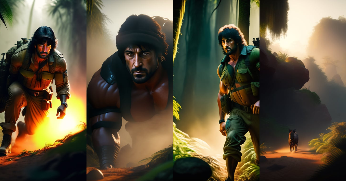 Lexica - Action shot of john rambo in a jungle, cinematic lighting ...