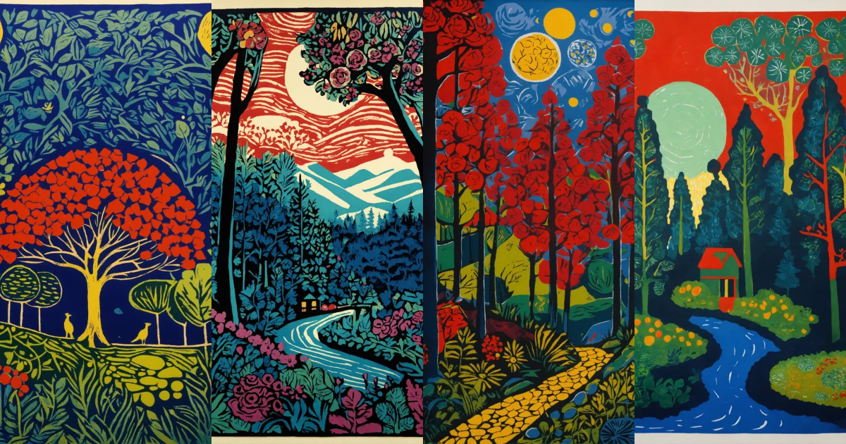 Lexica - Linocut, forest, folk art style inspired by marc chagall