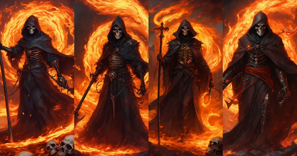 Lexica - Menacing grim reaper with flaming scythe, tattered flowing ...