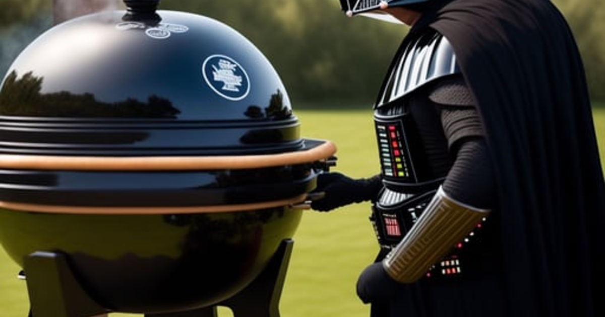 Lexica - Darth vader cooking burgers on a barbecue in his backyard