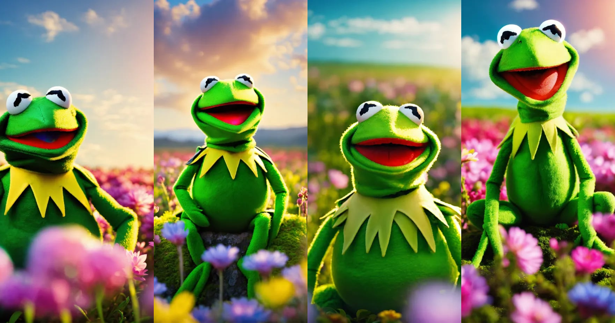 Lexica - Kermit the frog, happy, light, surrounded by a blue sky on a ...