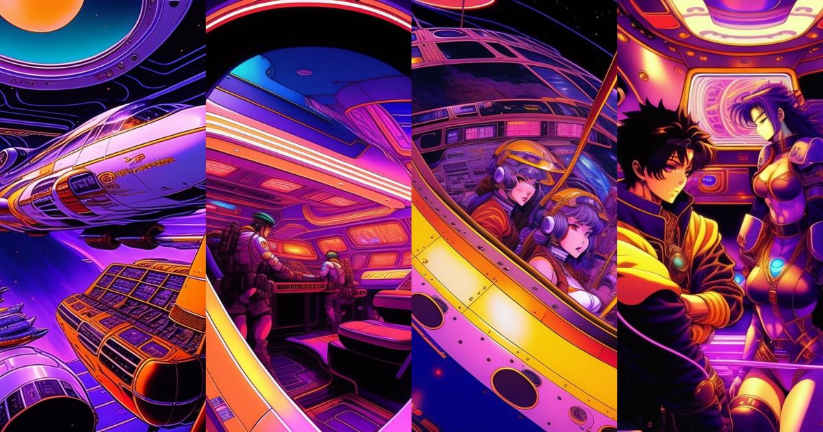 Lexica - Vintage 90's anime style. cluttered starship interior; crew ...