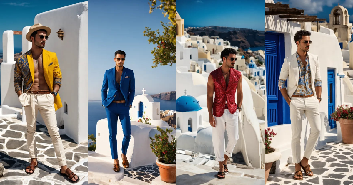 Lexica - Men wears Greek high fashion background santorini