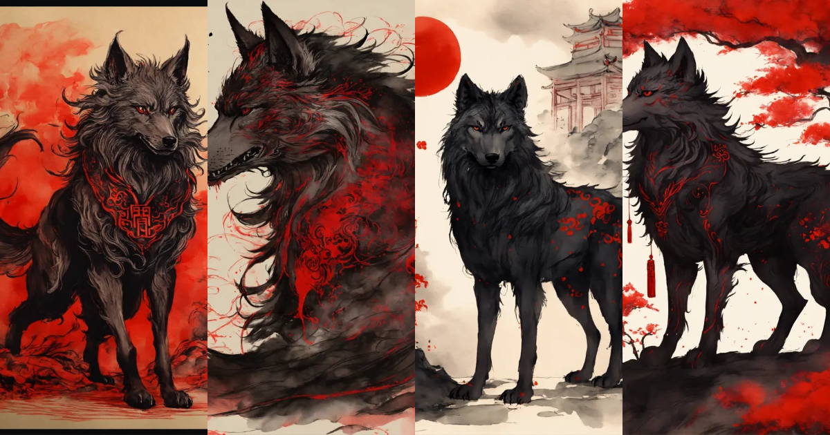 Lexica - Shuǐmò huà, 水墨画, black and red ink, a fantasy wolf made from ...