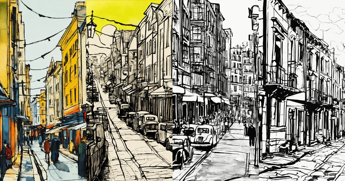 Lexica - Pen and ink street scene drawing inspired by Abstract ...