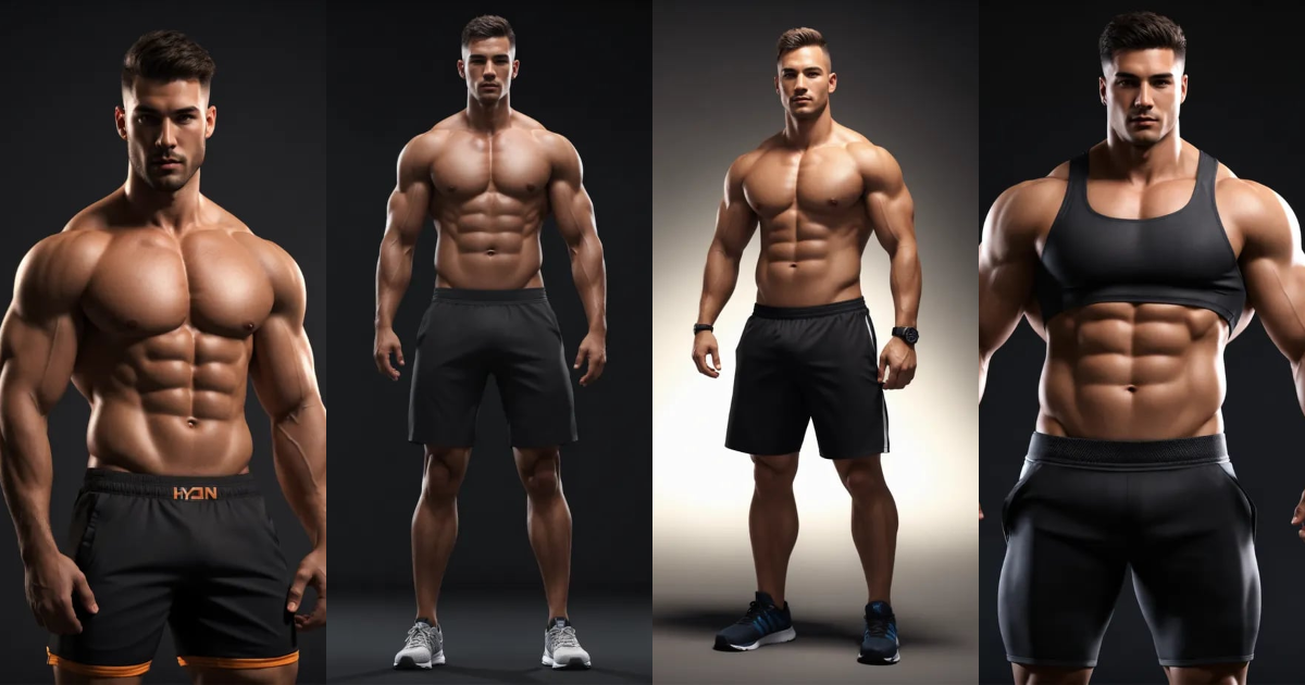 Lexica - Flat belly man, fitness wearing short, front view, hyper ...