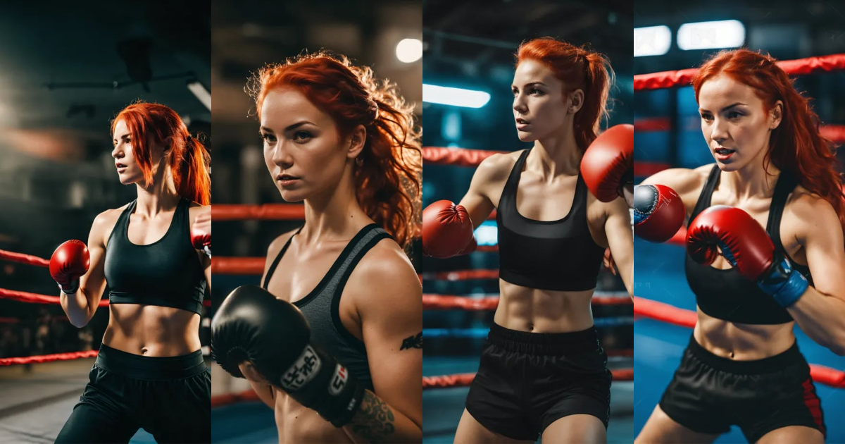 Lexica - Athletic female with red hair training in boxing ring for fight