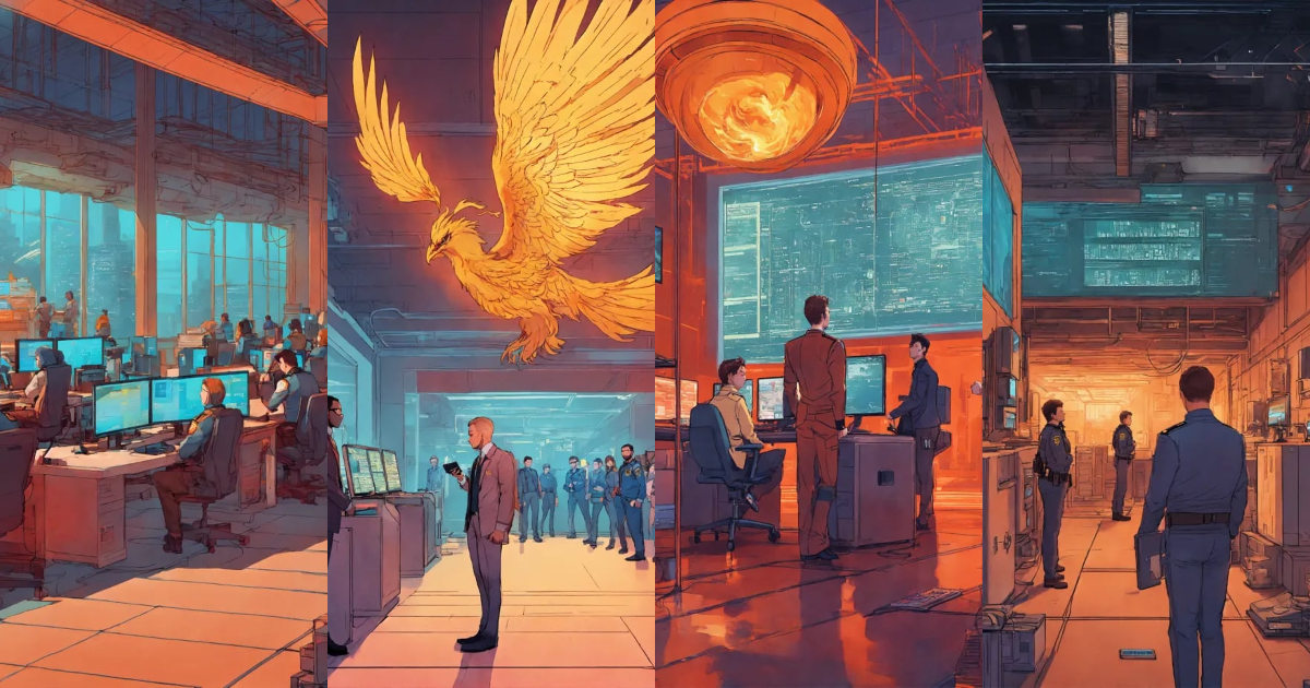 Lexica - Illustrate a scene where 'Phoenix Data' agents infiltrate a high-tech facility guarded ...