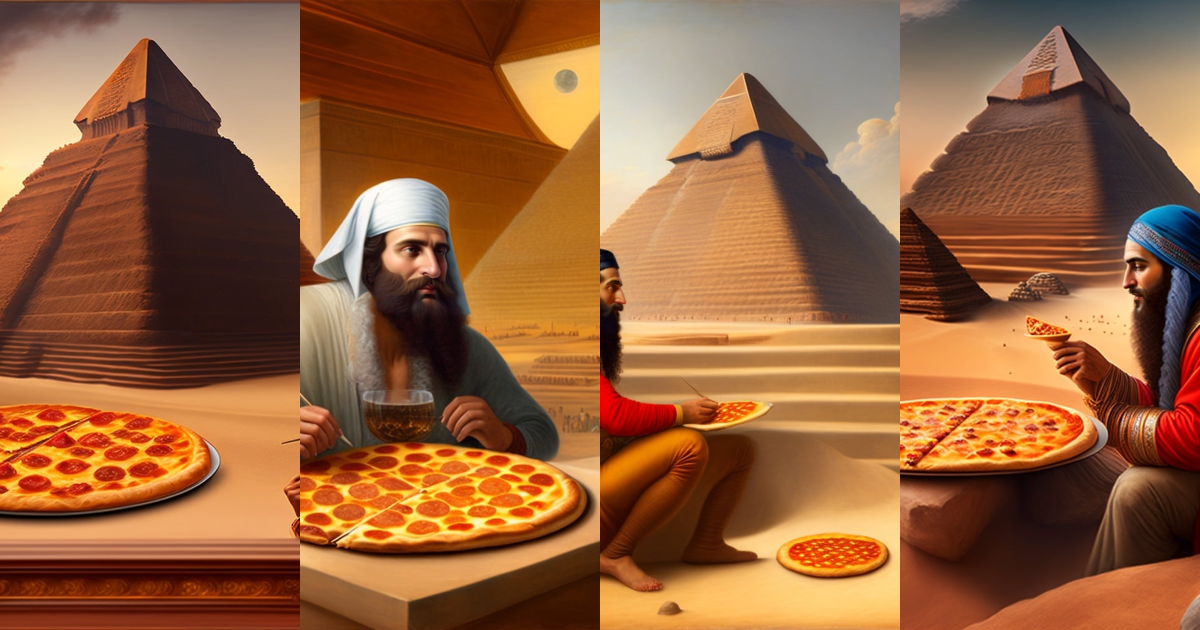 Lexica - A man eating pizza in the pyramids with the pharaohs, drawing ...