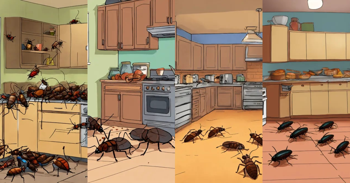 Lexica - 4 cockroaches scurrying around in a kitchen, causing chaos ...