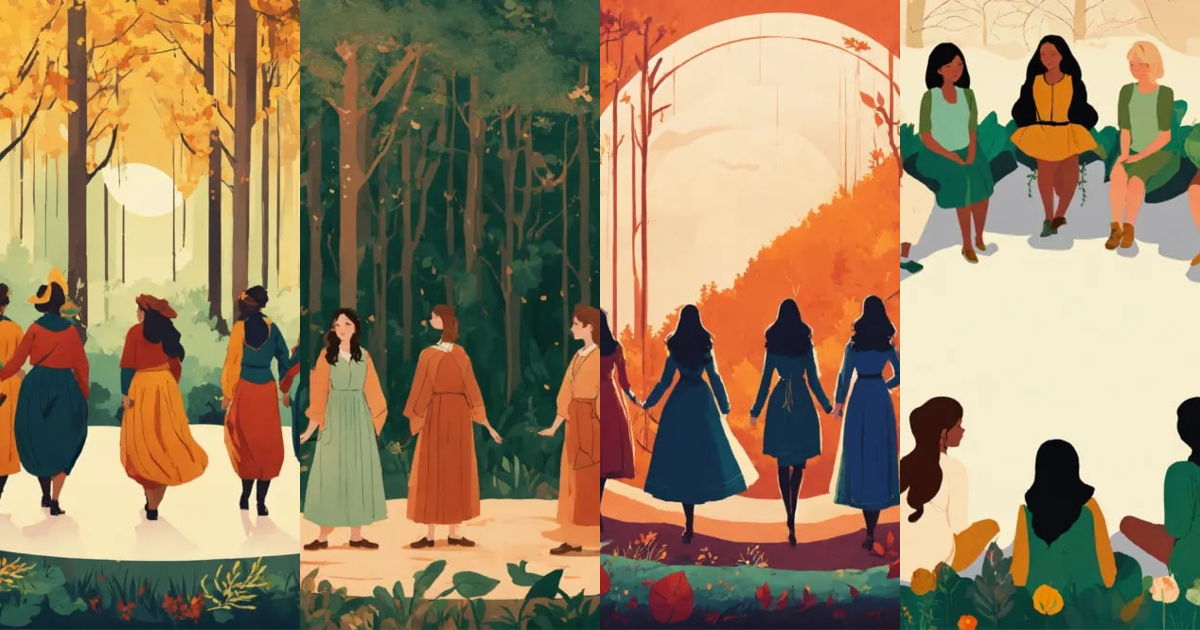 Lexica - Illustration of a group of women in a circle, forest theme
