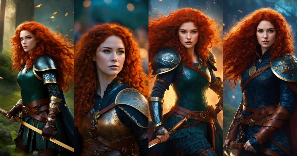 Lexica - "adult Merida as striking fantasy redhead heroine", leather ...