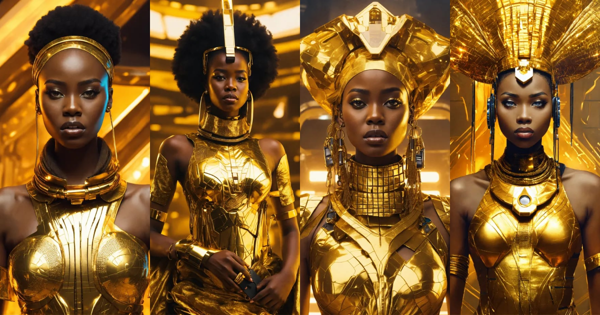 Lexica - Futuristic african queen, severe expression, golden clothes ...