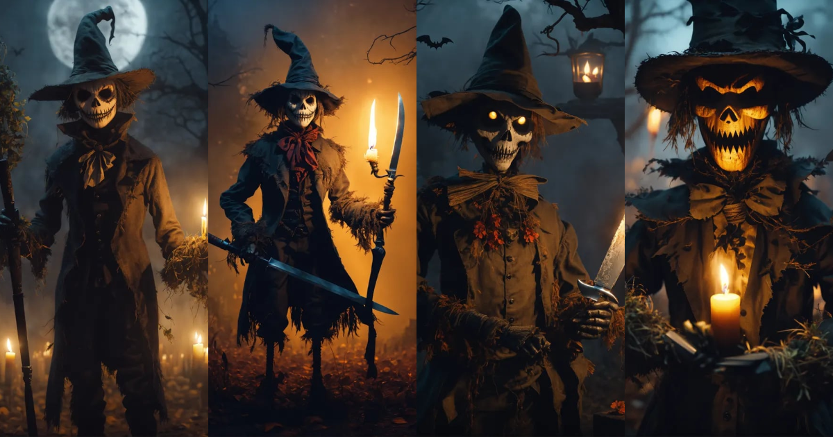 Lexica - A very scary scarecrow holding a large knife, Halloween, night ...