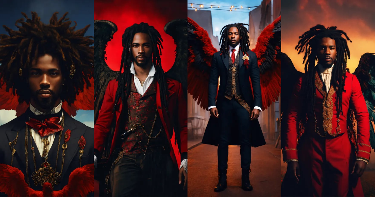 Lexica - Black man black dreadlocks Victorian red winged angel 4k