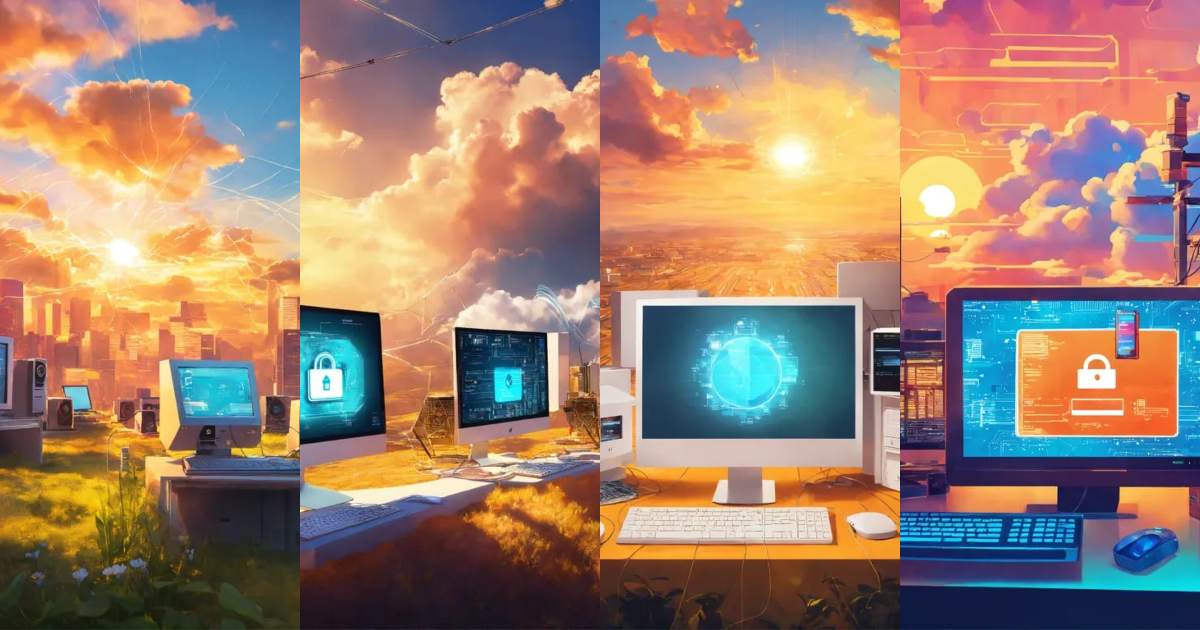 Lexica - Please generate a lively artwork of computers and cybersecurity under sunshine and clouds.