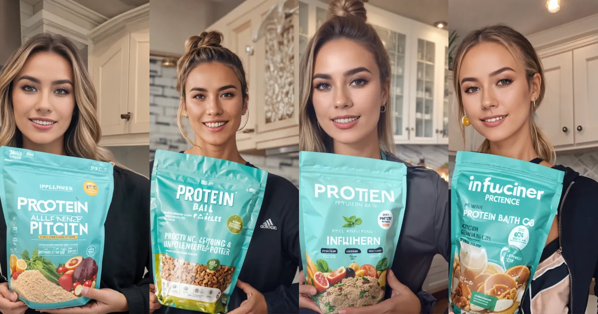 Lexica - Upclose photo of influencer showing a protein bag, kitchen ...