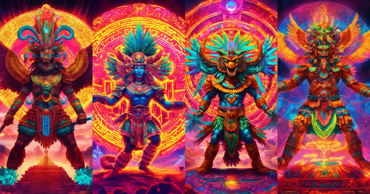 Lexica - Aztec God Quetzalcoatl dancing in electric neon gleam with DMT ...