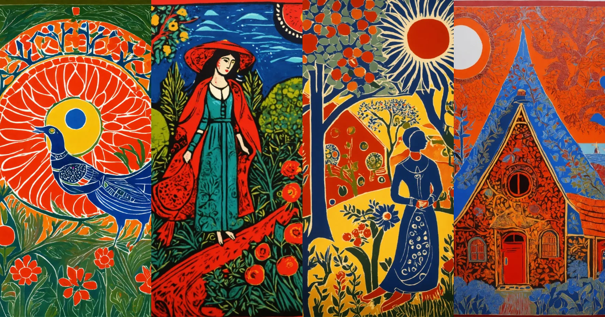 Lexica - Linocut, folk art style inspired by marc chagall