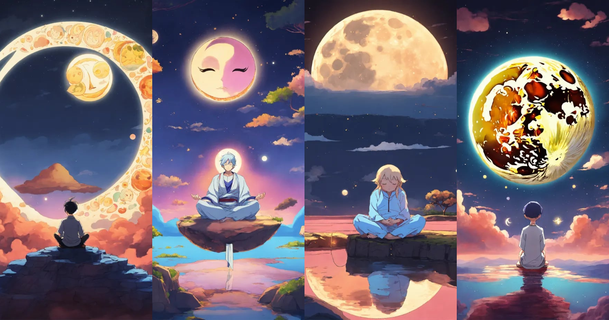 Lexica - A cartoon anime moon floating with a face in meditation in a ...