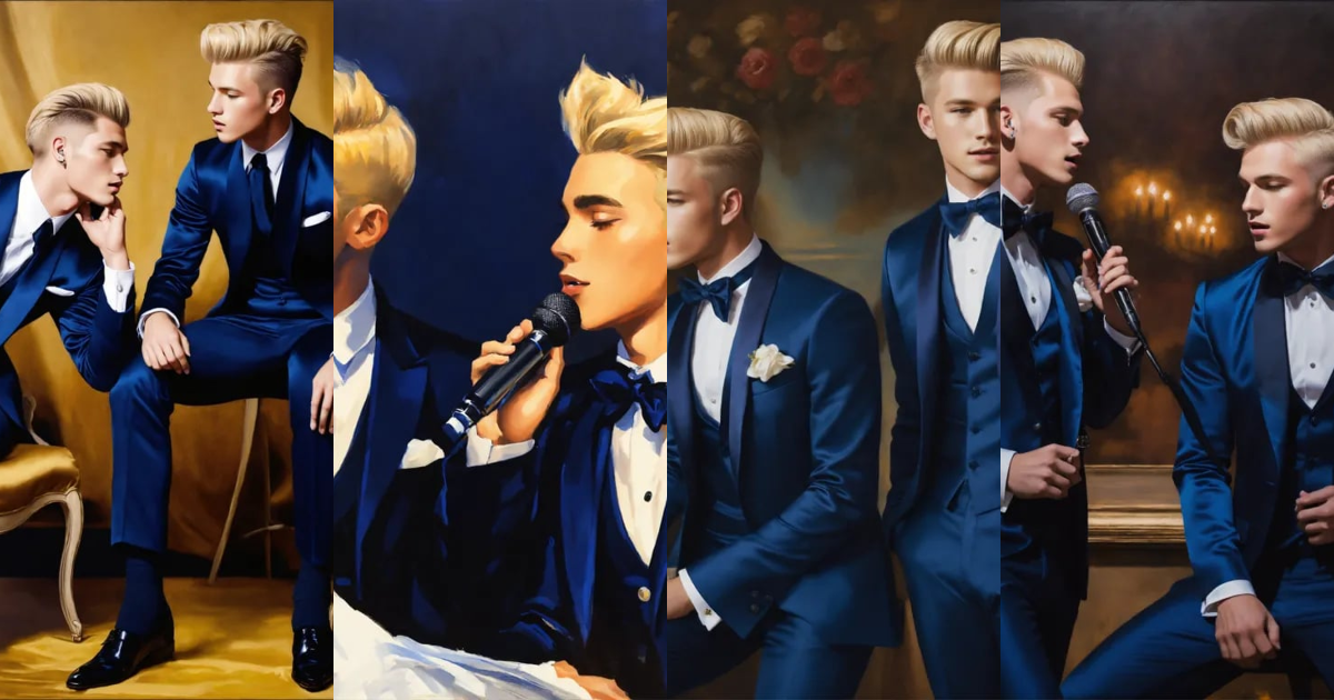 Lexica - Two young male blonde singers in satin navy vested suit ...