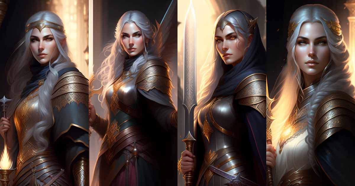 Lexica - Female cleric in center, dnd, fantasy, gray hair, holding ...