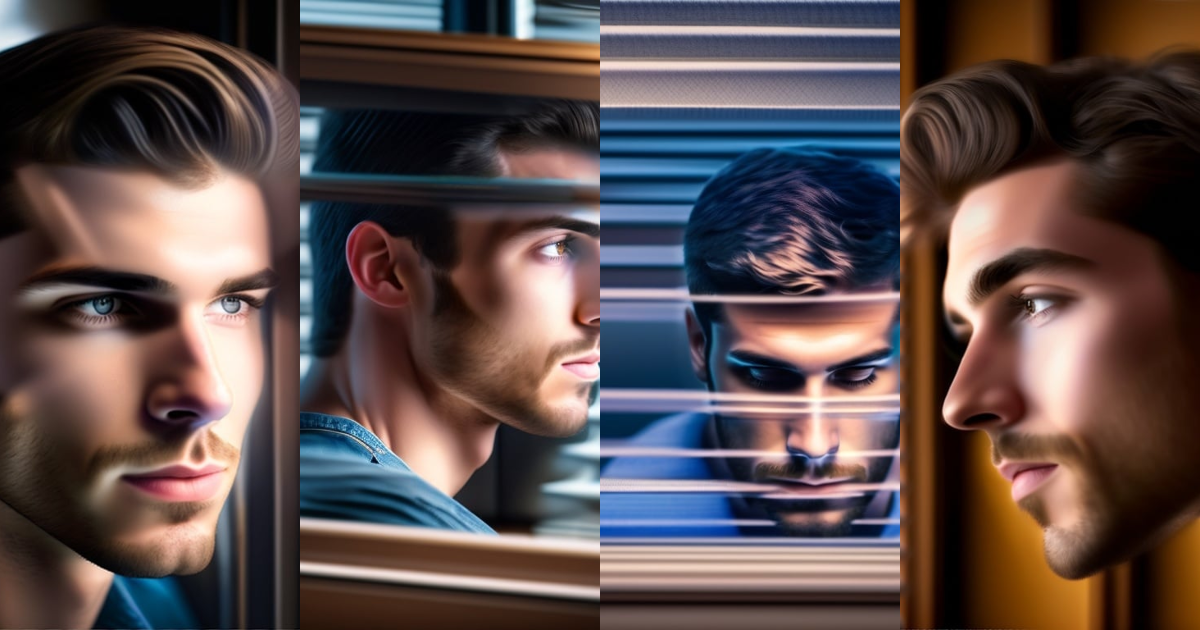 Lexica - Young man, paranoid, looking through blinds of bedroom window ...