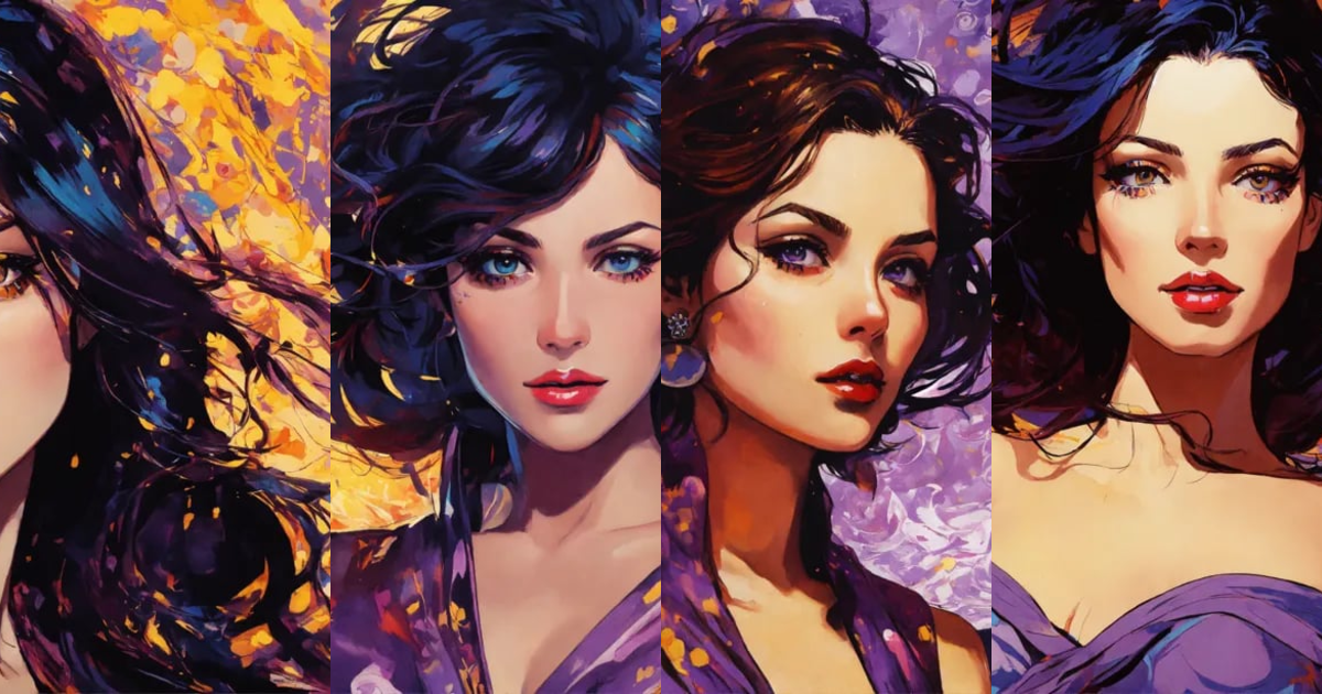Lexica - Pop Art, elegant enchanting brunette celestial being, violet ...