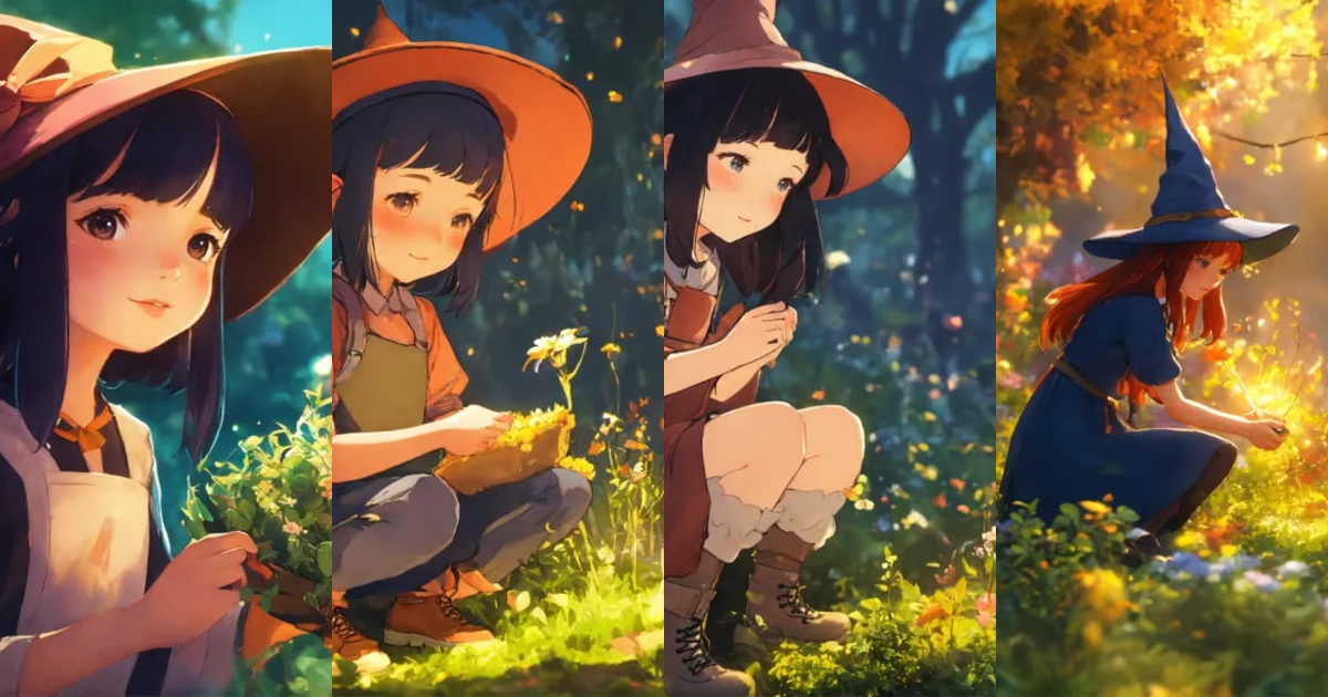 Lexica - A cute witch girl picking herbs in a magical garden by Nihei ...