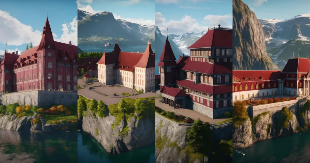Lexica - Full image of a massive royal palace with a maroon roof on a cliff overlooking a Fjord ...