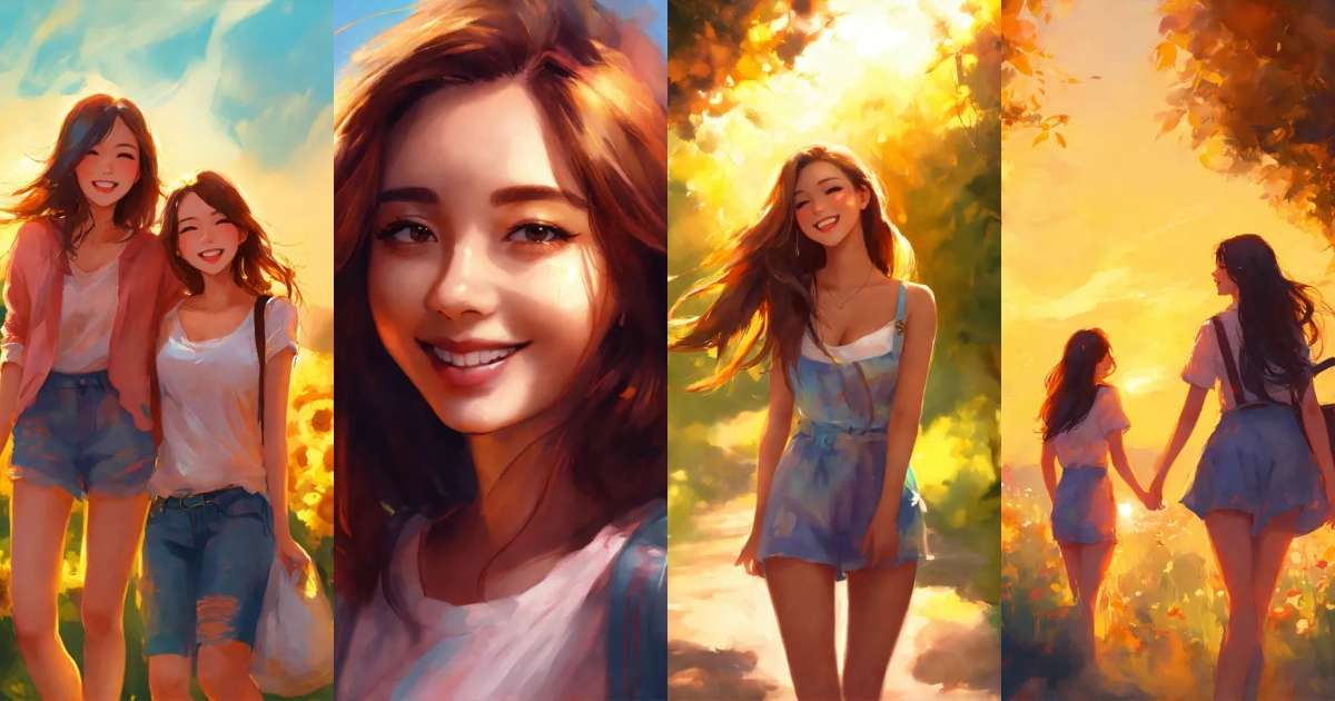 Lexica - Girl best friend happy, sunny bg, digital art, brush oil bg