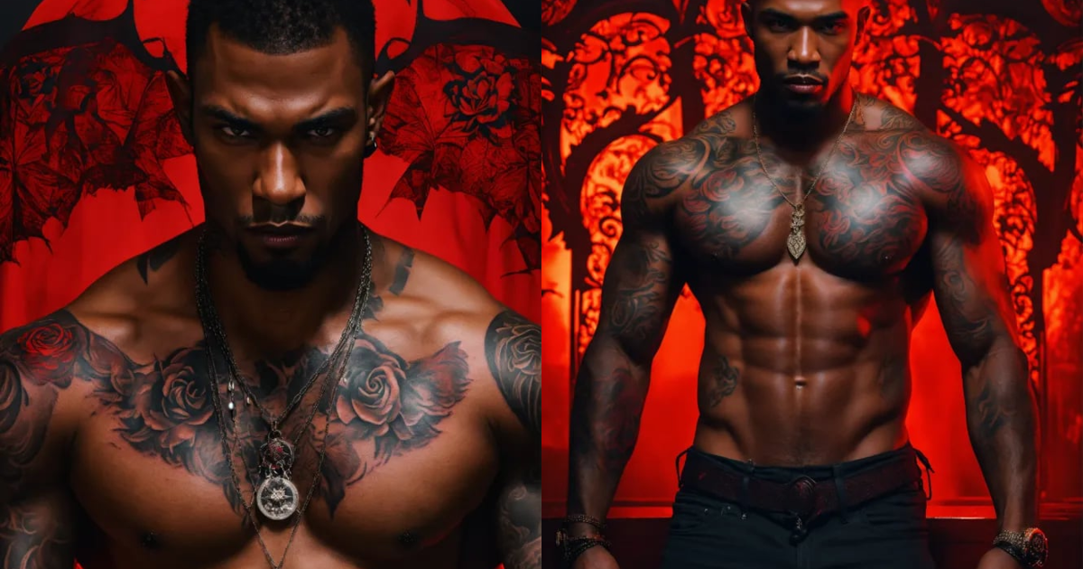 Lexica - Very handsome black man, red eyes, vampire, tattoos on arms ...