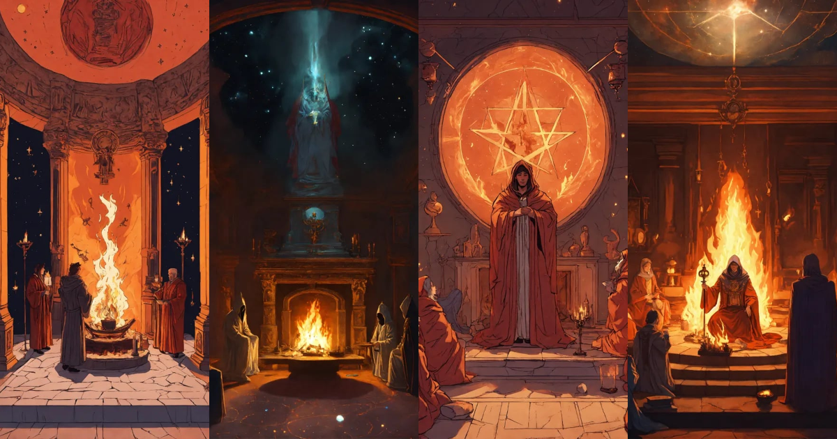 Lexica - Occult member wearing robes, gathered around a fireplace ...