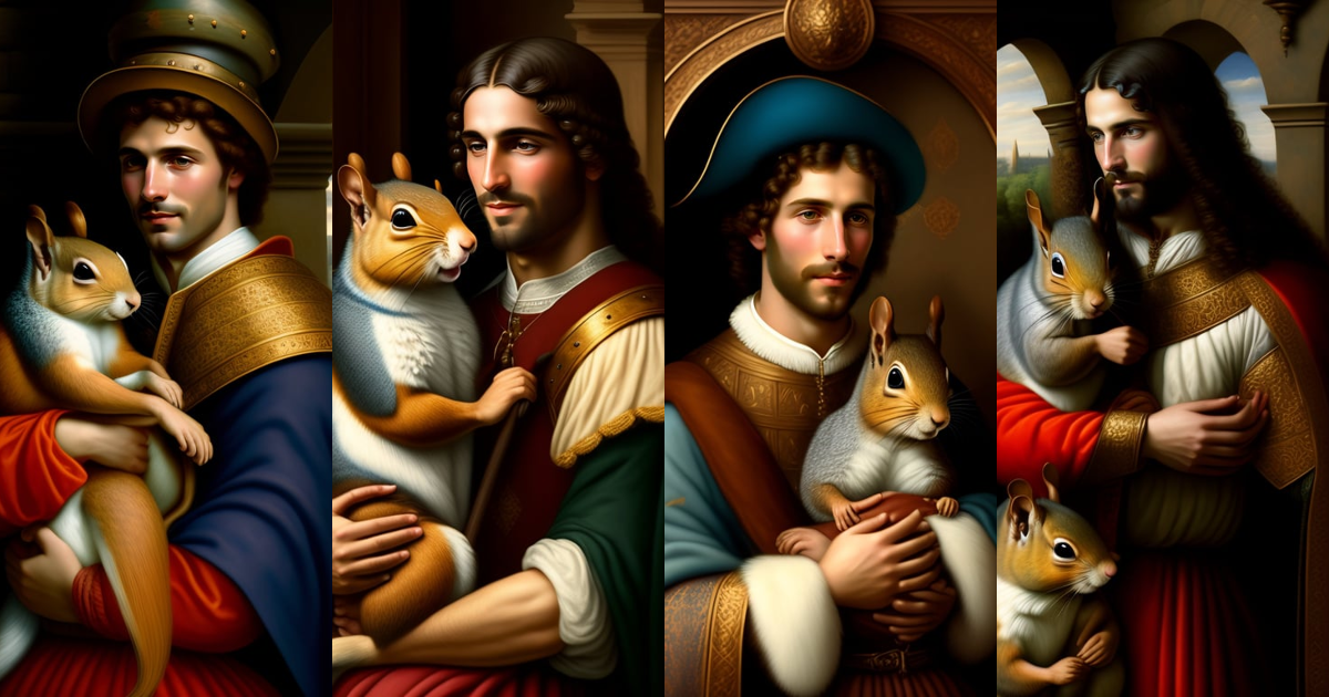 Lexica - Jacob Collins-Levy in medieval style whith squirrel in his arms