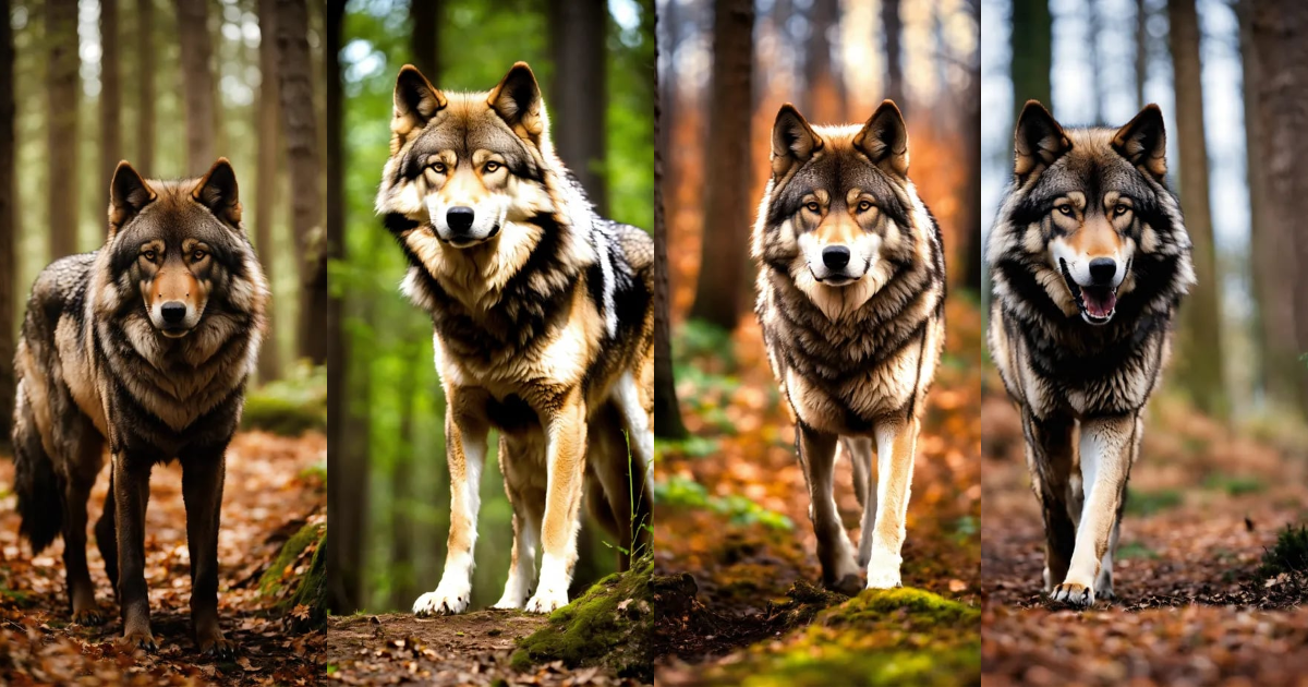 Lexica - Massive brown fur wolf, in the woods